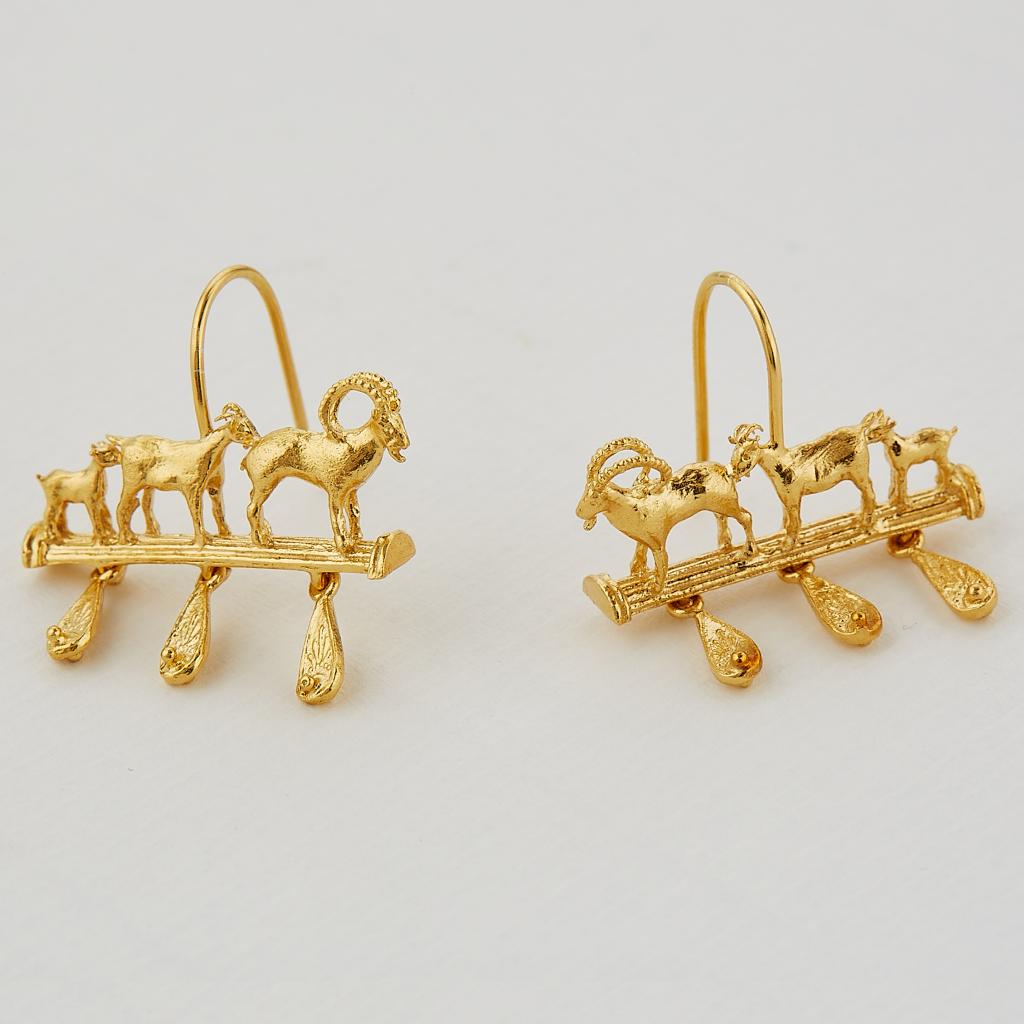 Alex Monroe Mountain Goat Family Relic Earrings with Ornate Drops Gold ...